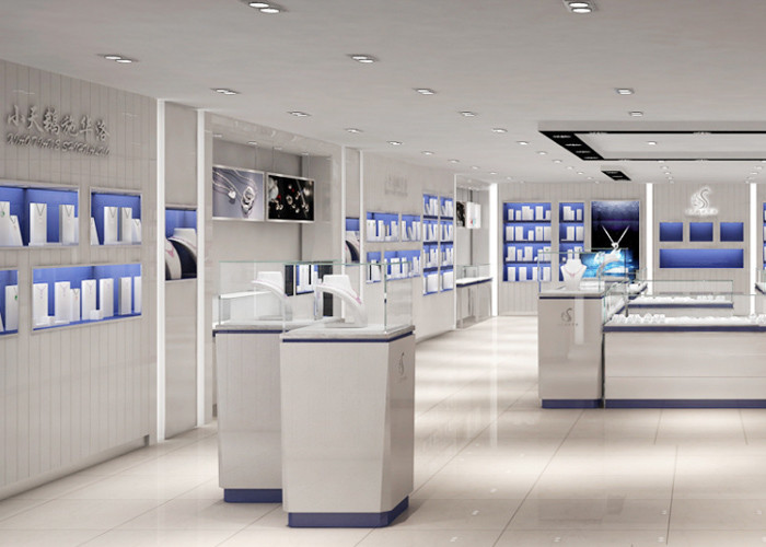 Blue Color Decoration Showroom Display Cases Wood And Tempered Glass ...